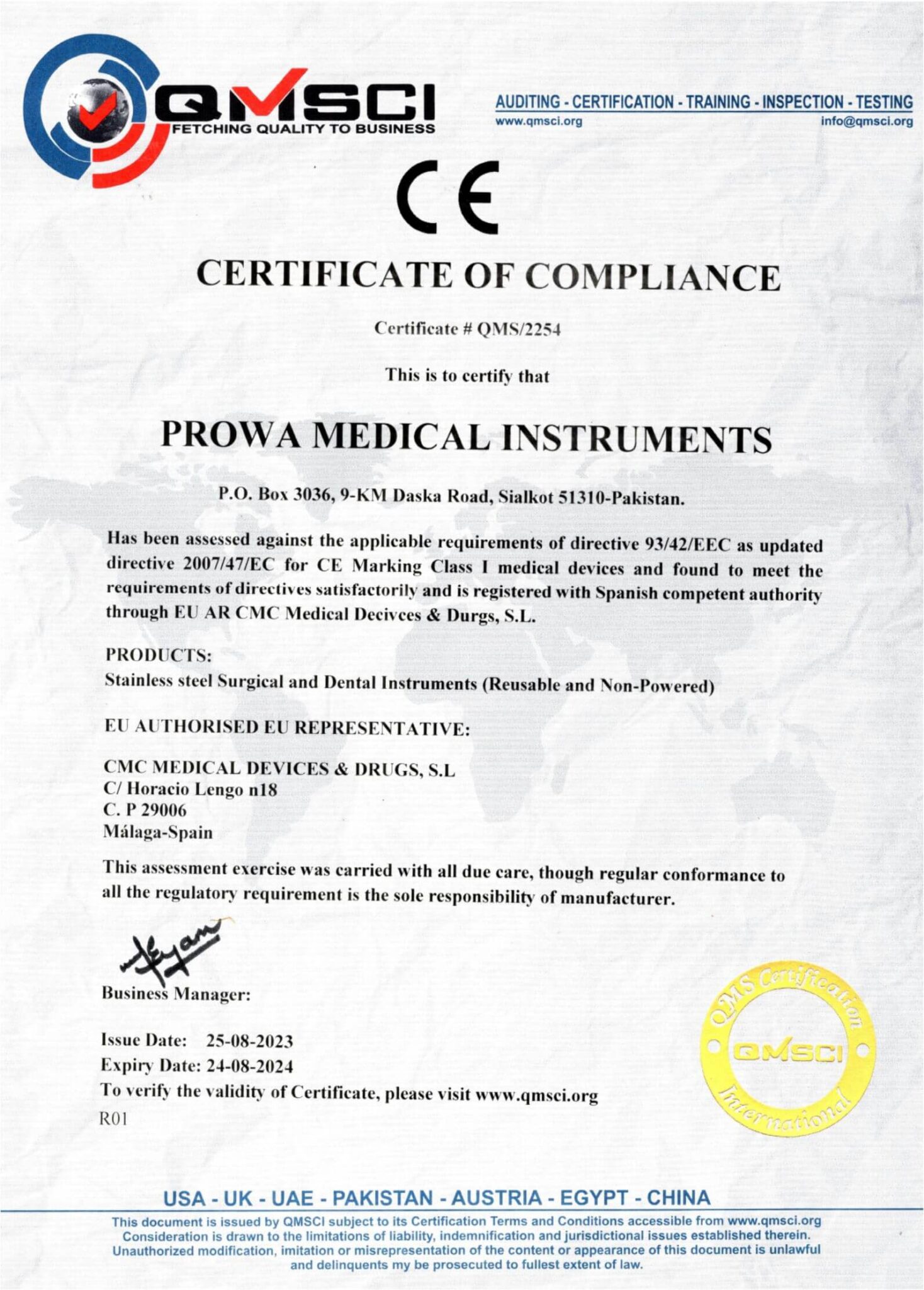 Certifications – Prowa Medical Instruments