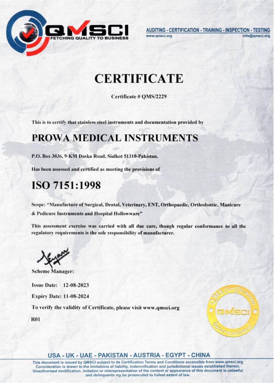 Certifications – Prowa Medical Instruments
