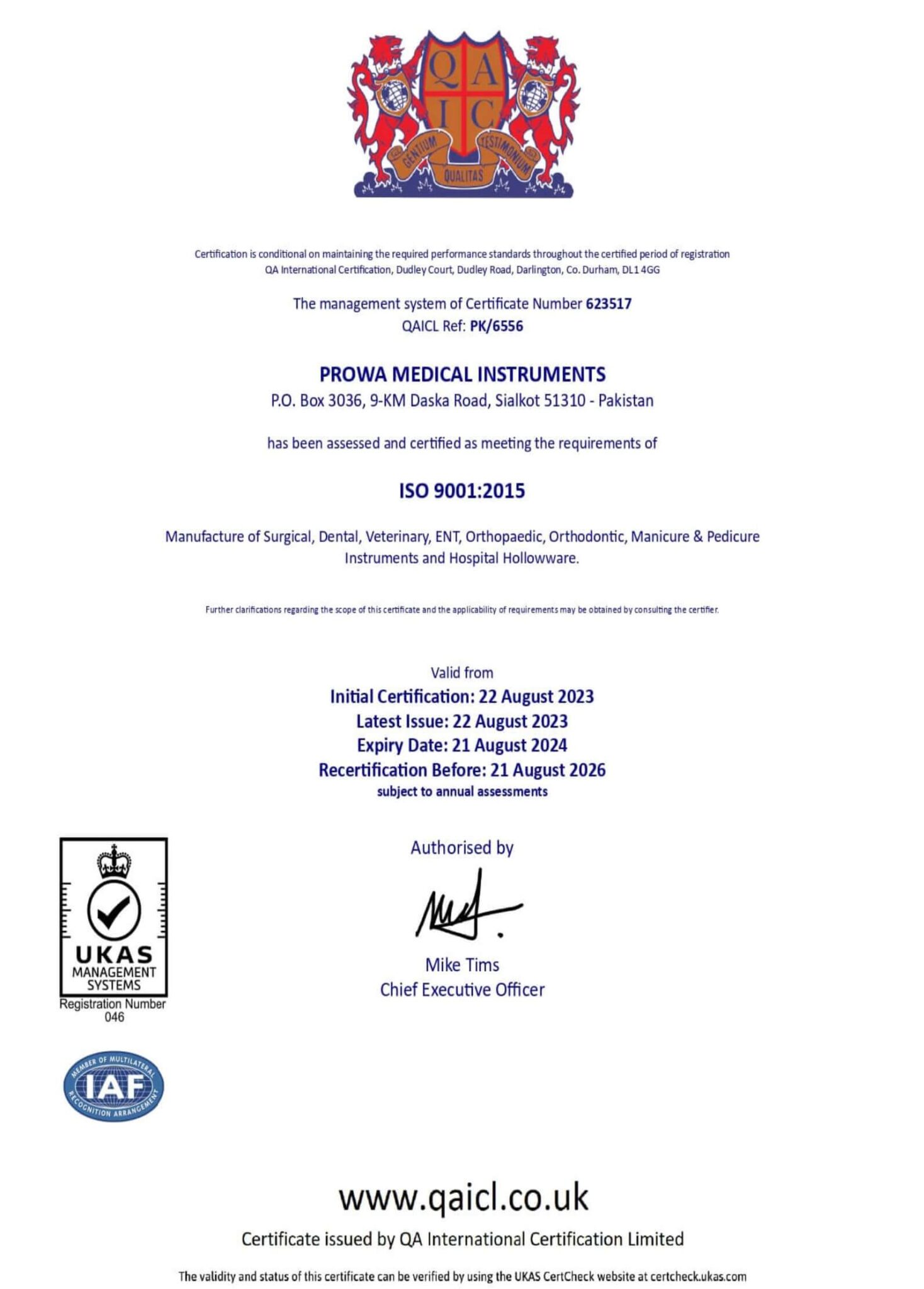 Certifications – Prowa Medical Instruments
